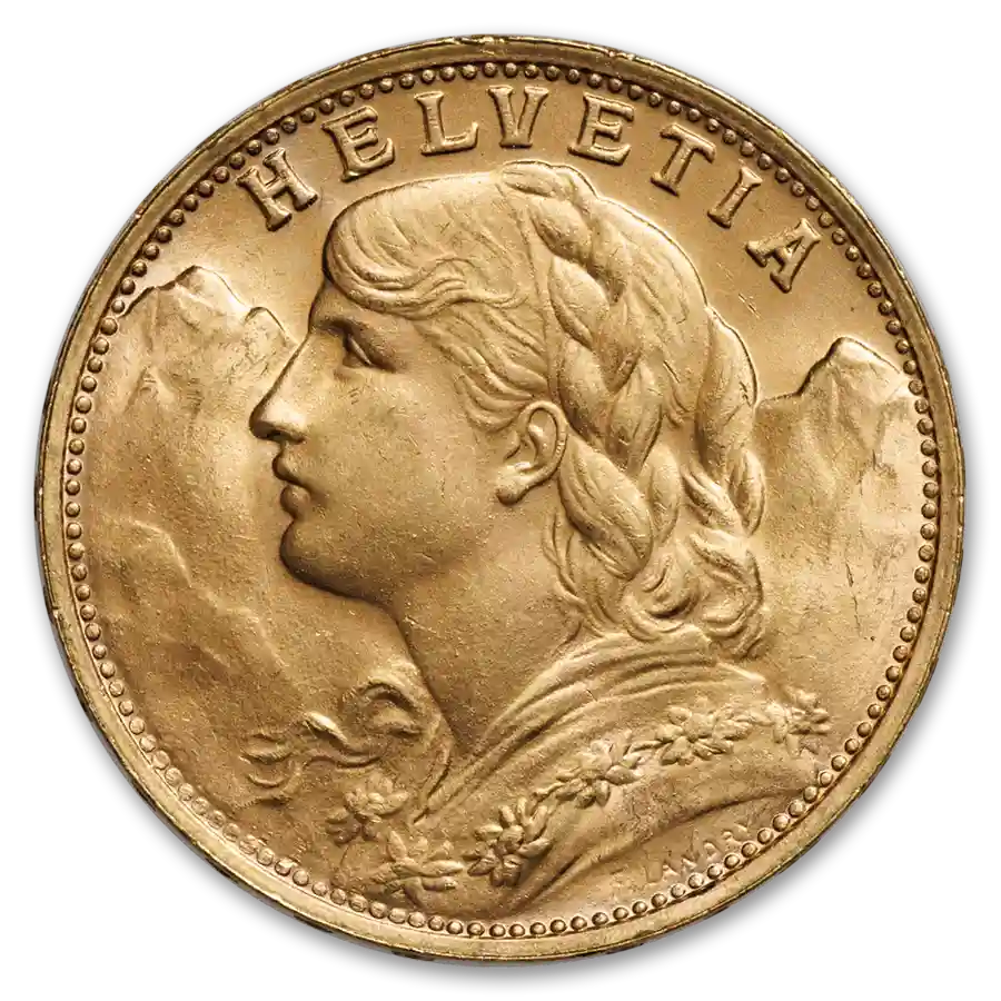 Buy Swiss Gold 20 Francs Helvetia Coin AVG | Bullion.com
