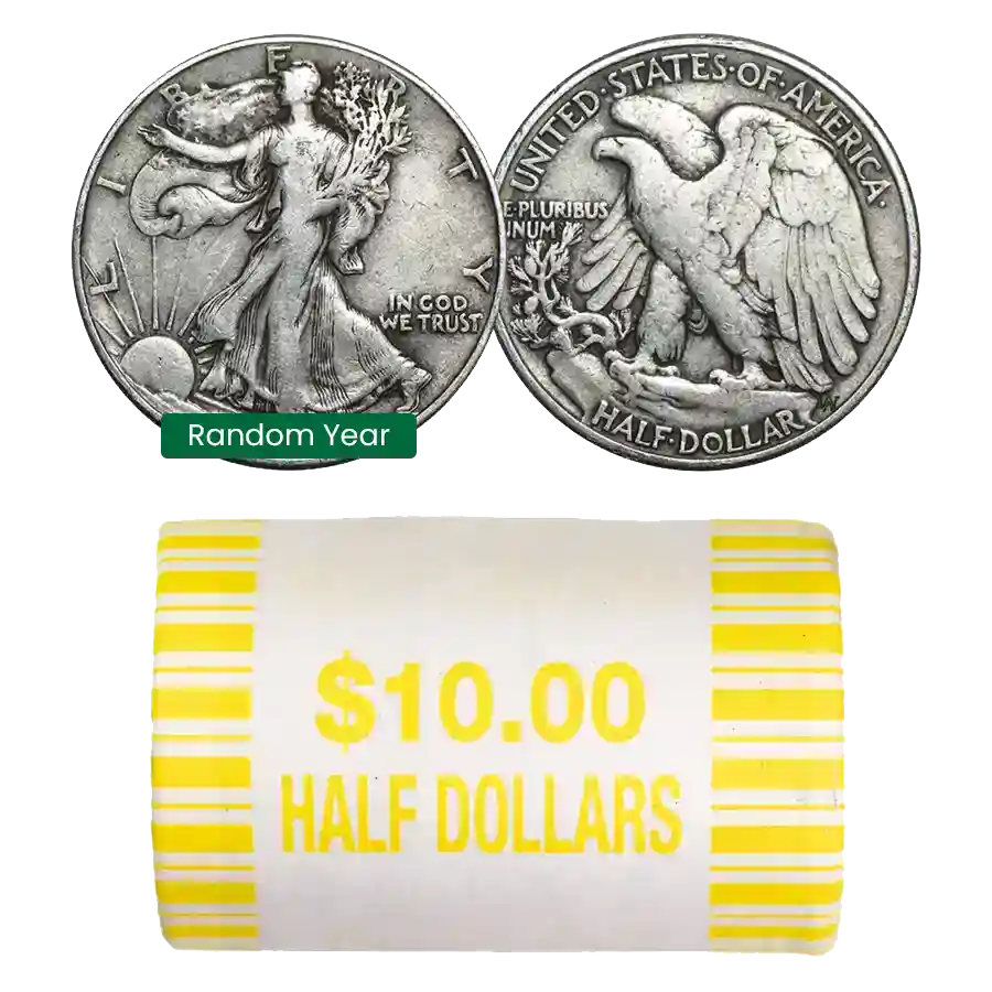90% Silver Walking Liberty Halves - $10 20-Coin Roll Avg Circ | Bullion.com